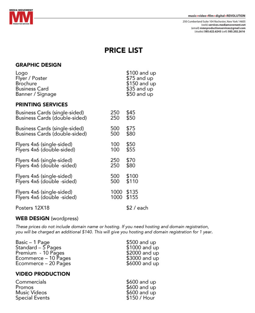 Price List (2022) - Media Movement Production Services